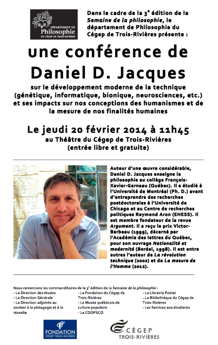 Conférence de Daniel D. Jacques au Théâtre du Cégep de Trois-Rivières ...